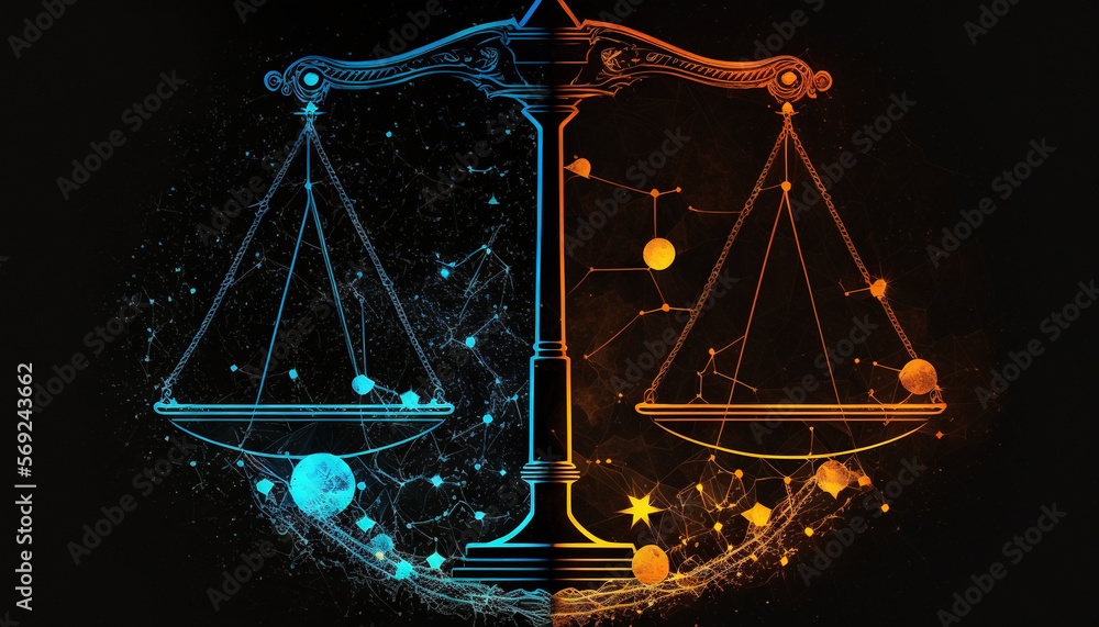 a scale and a scale of justice on a black background with stars and ...