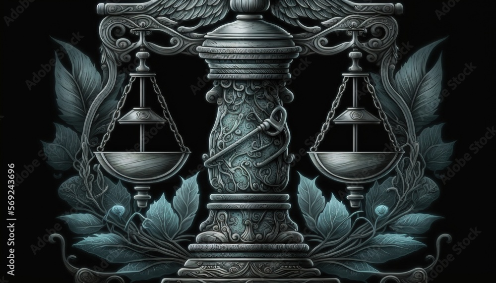 a statue of justice with a sword and a sword on top of a scale with ...