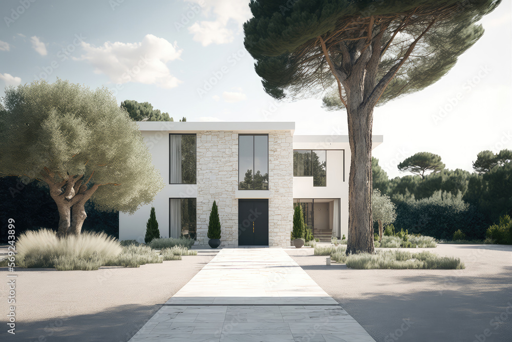 White modern sandstone mansion, walkway, acacia tree. House in ...
