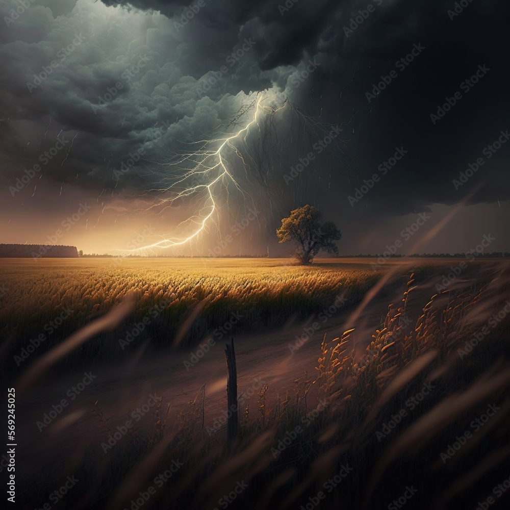 Landscape with storm, sky, clouds, lightning and field created using ...