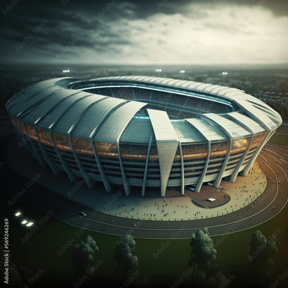 General view of football stadium and sky with clouds created using ...