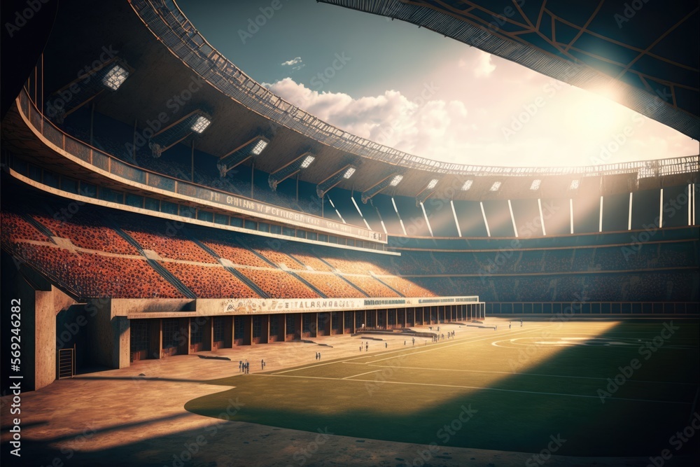 Football stadium with seats over sky with clouds created using ...