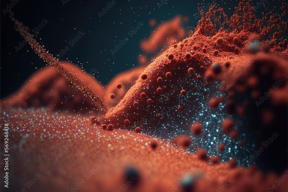 Magnified orange liquid particles floating in the air created using ...