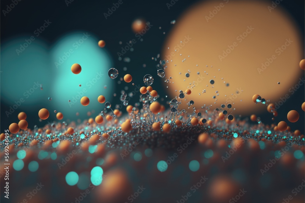 Magnified shiny colour liquid particles floating in the air created ...