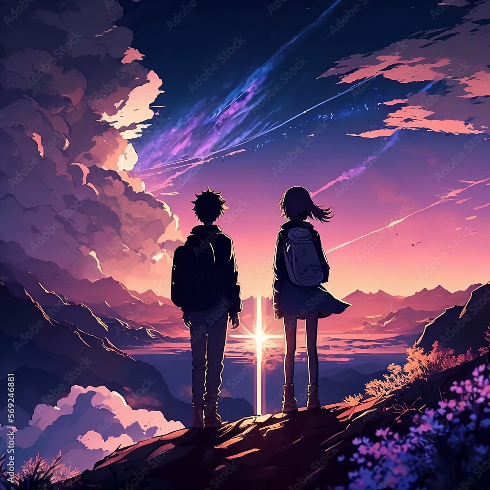 Beautiful Anime Sunset, Anime Digital Art illustration for background ...