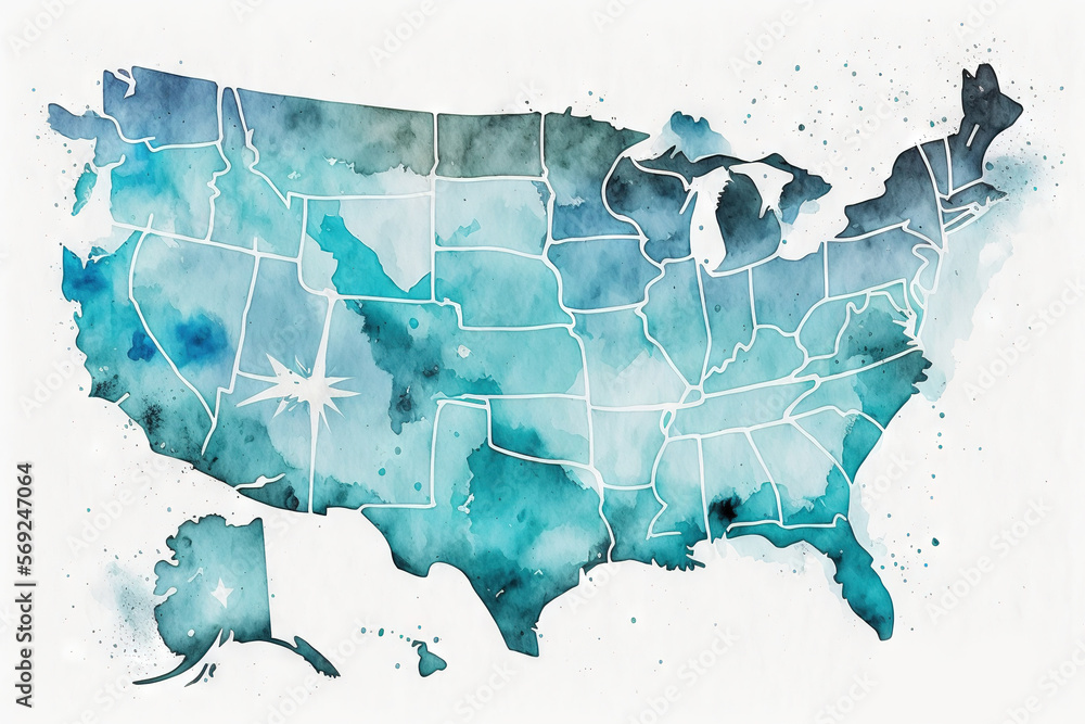 beautiful light blue USA map watercolor no background Stock ...