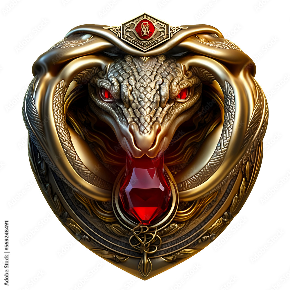 A Silver and gold metal snake head metal emblem. 3D style snake metal ...
