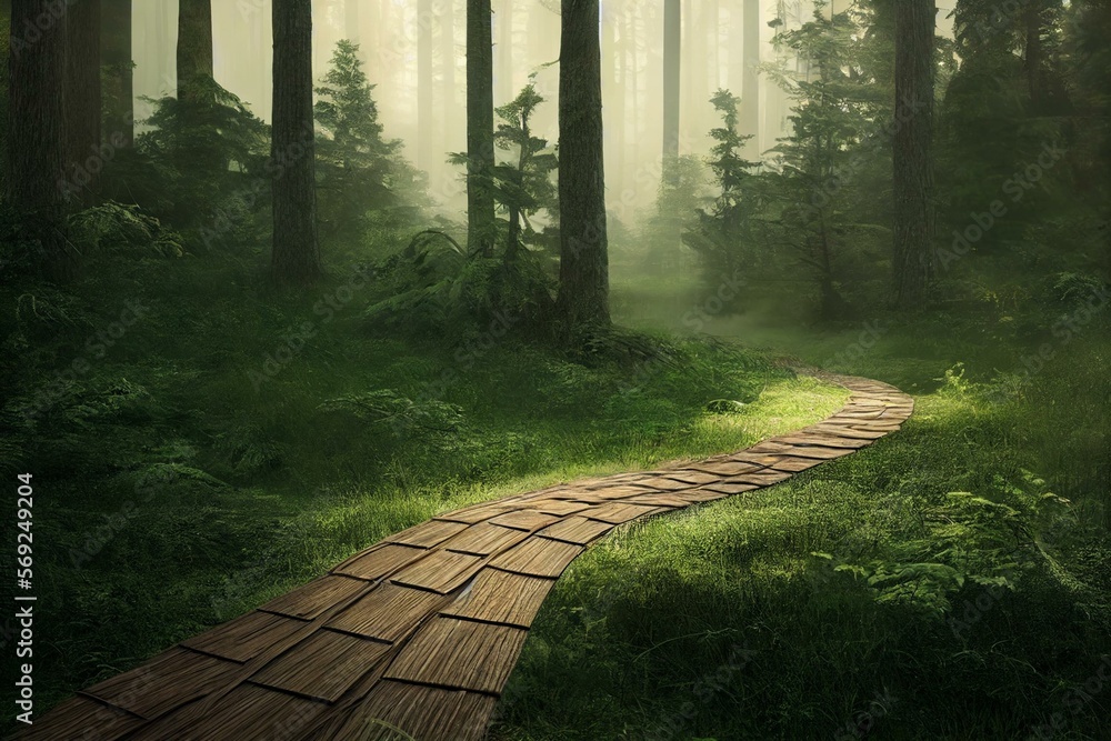 winding duckboards path in forest extending far beyond horizon ...