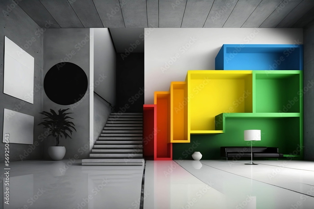 Artistic, modern interior design black and white and half colorful ...