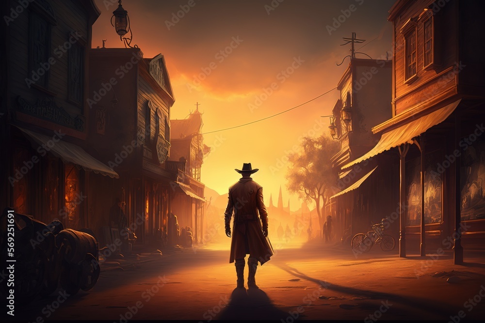 Cowboy watches the sunset, comic style, generative ai Stock ...