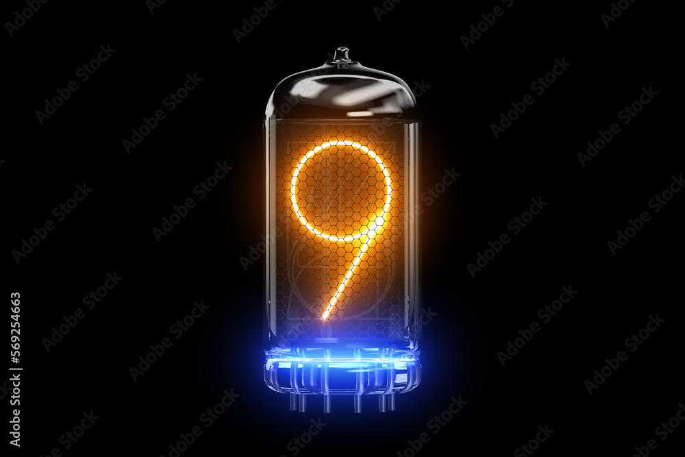 Nine. Digit 9. Nixie tube indicator digit. Gas discharge indicators and ...