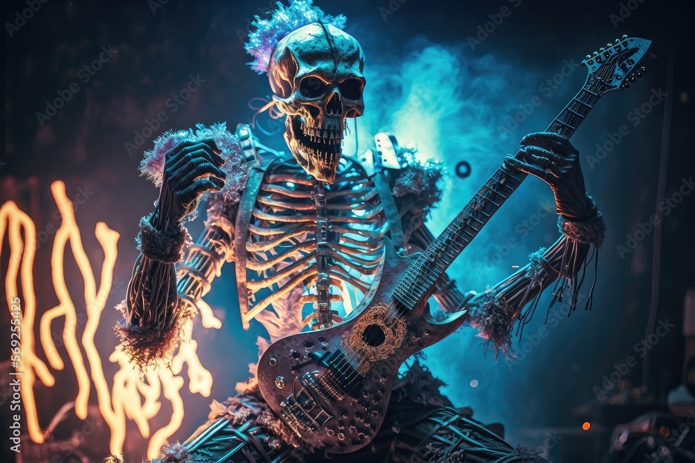 Skeleton plays rock guitar, heavy metal, power rock. Generative Ai ...