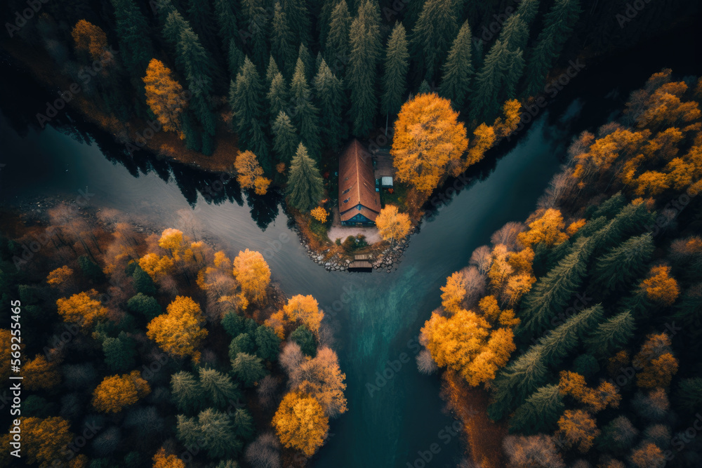 aerial view of a forest in autumn with a river and a cabin on the shore ...