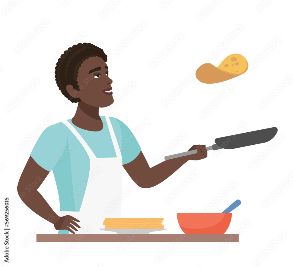 African man making pancakes. Cooking in kitchen, chef recipe vector ...
