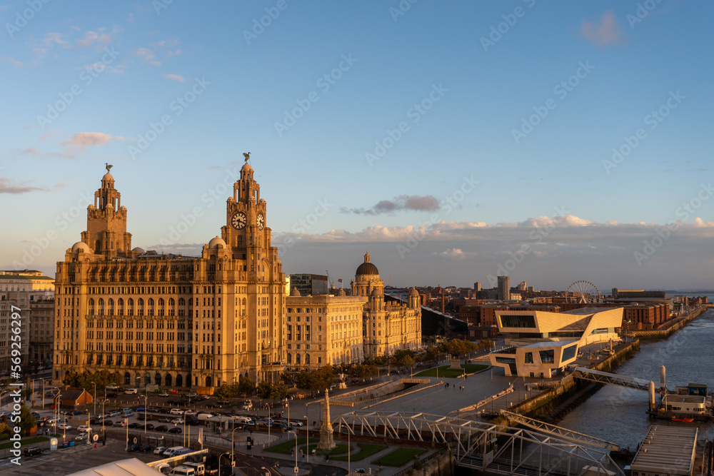 Liverpool, UK: Golden hour aerial view of the Merseyside waterfront and ...