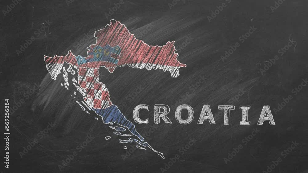 Map of Croatia with name and flag inside drawn in chalk on a blackboard ...
