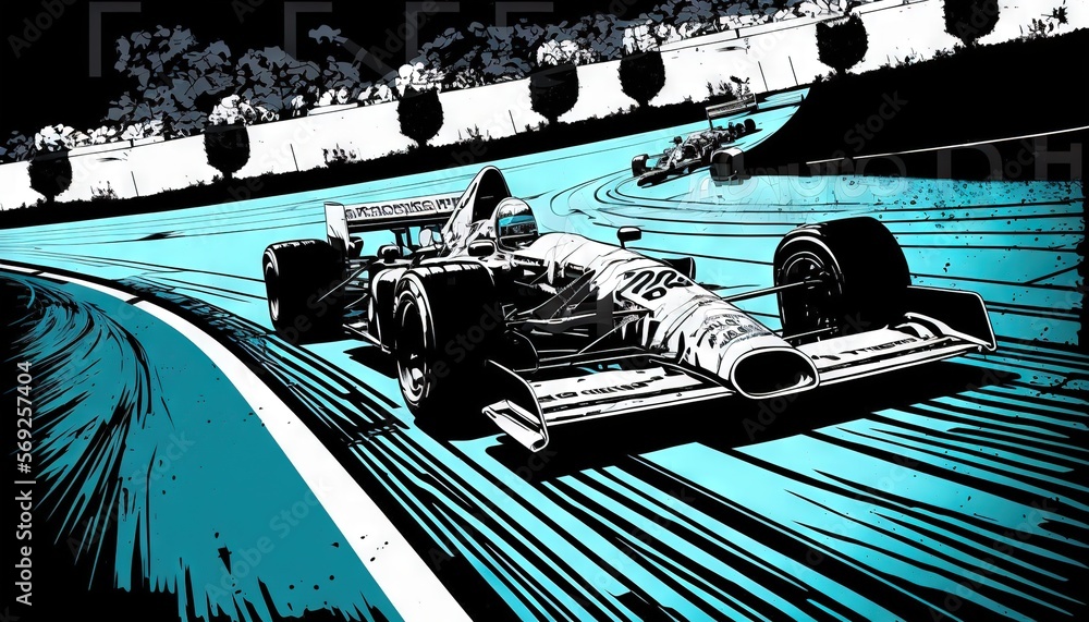 a drawing of a racing car on a race track with a crowd of people ...