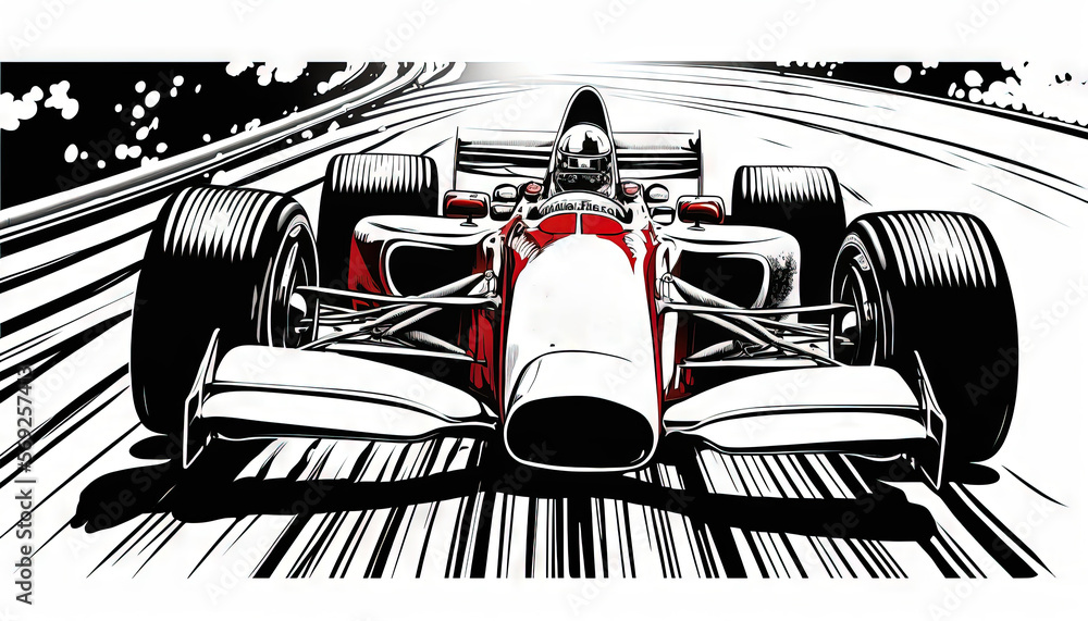 a drawing of a racing car driving down a track with a red and white car ...