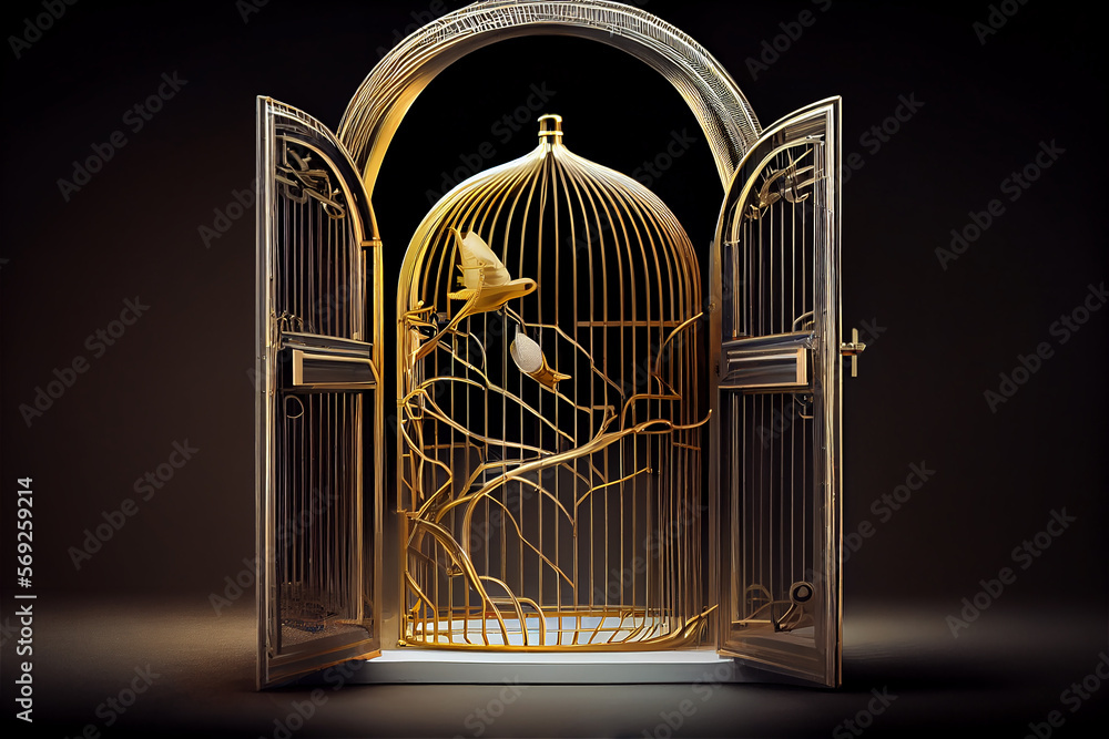 Empty golden cage with the door open on a dark background, generative ...