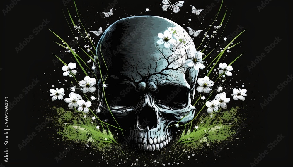 a skull with flowers and butterflies on it's head is shown in this ...