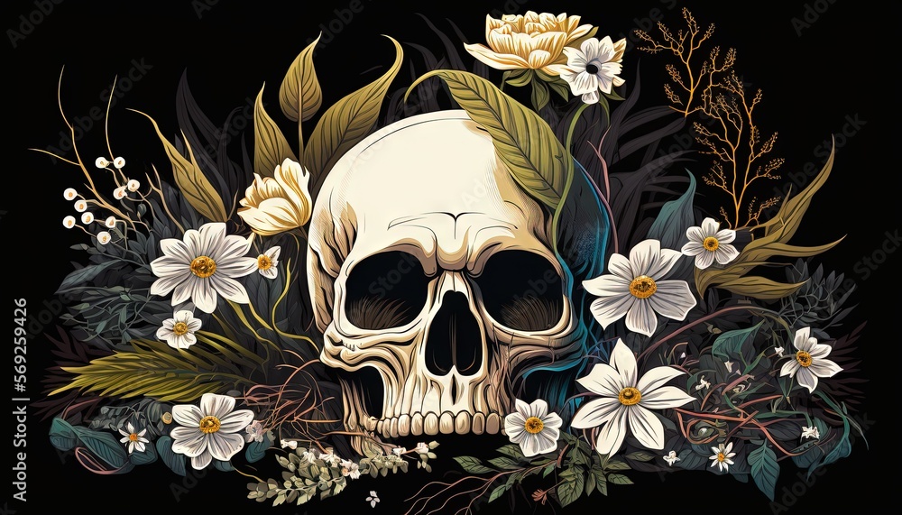 a skull surrounded by flowers and leaves on a black background with a black background and a ...