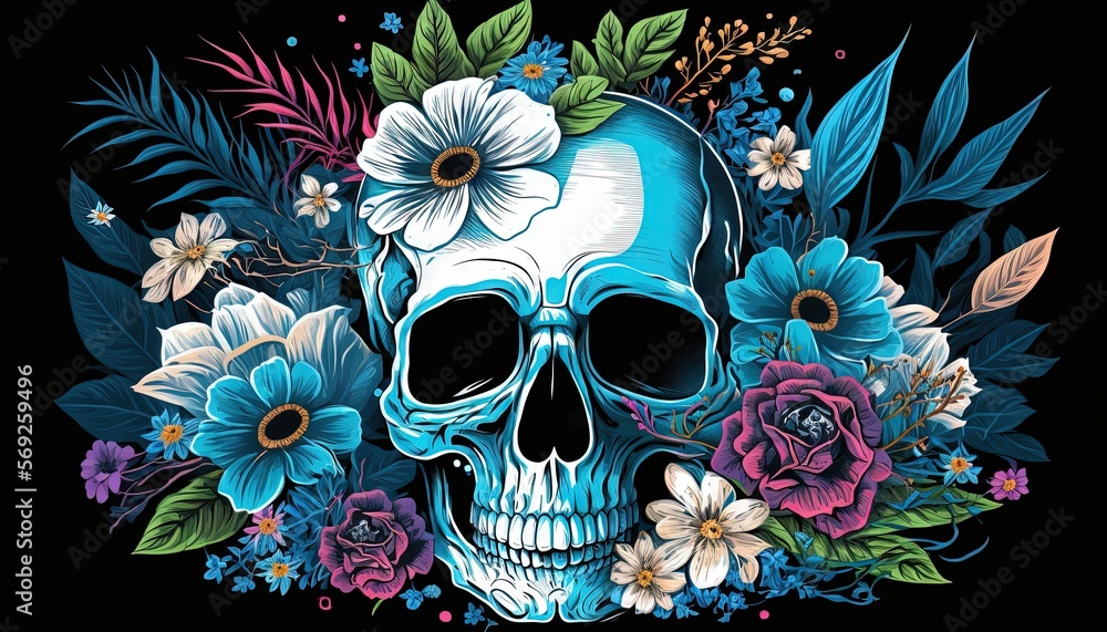 a blue skull with flowers and leaves on a black background with a white ...
