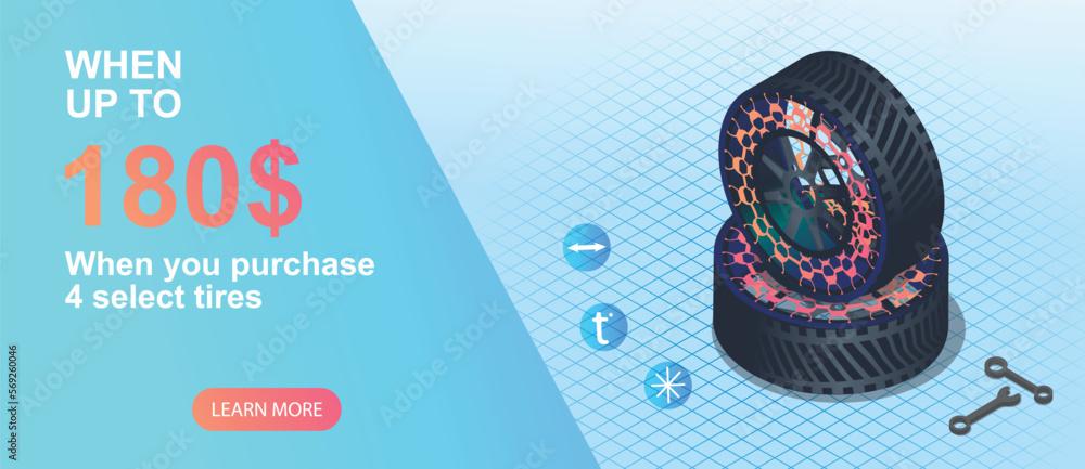 Advertising tire banner. Graphic element for website. Car care and ...