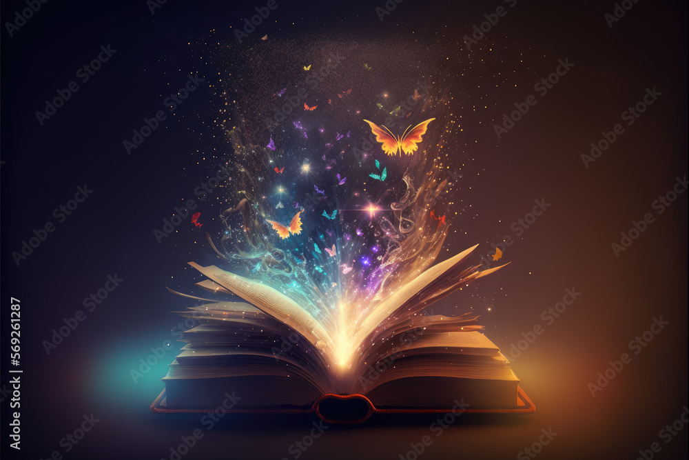 open fantasy book from which magical butterflies fly out. Generative AI ...