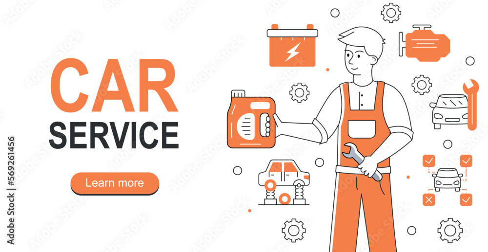 Car service banner. Man with wrench and engine oil near details of ...