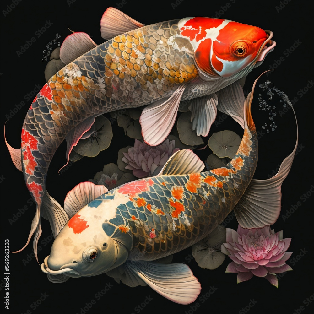 Colorful Traditional Japanese Koi Carp on Black background, Oriental ...