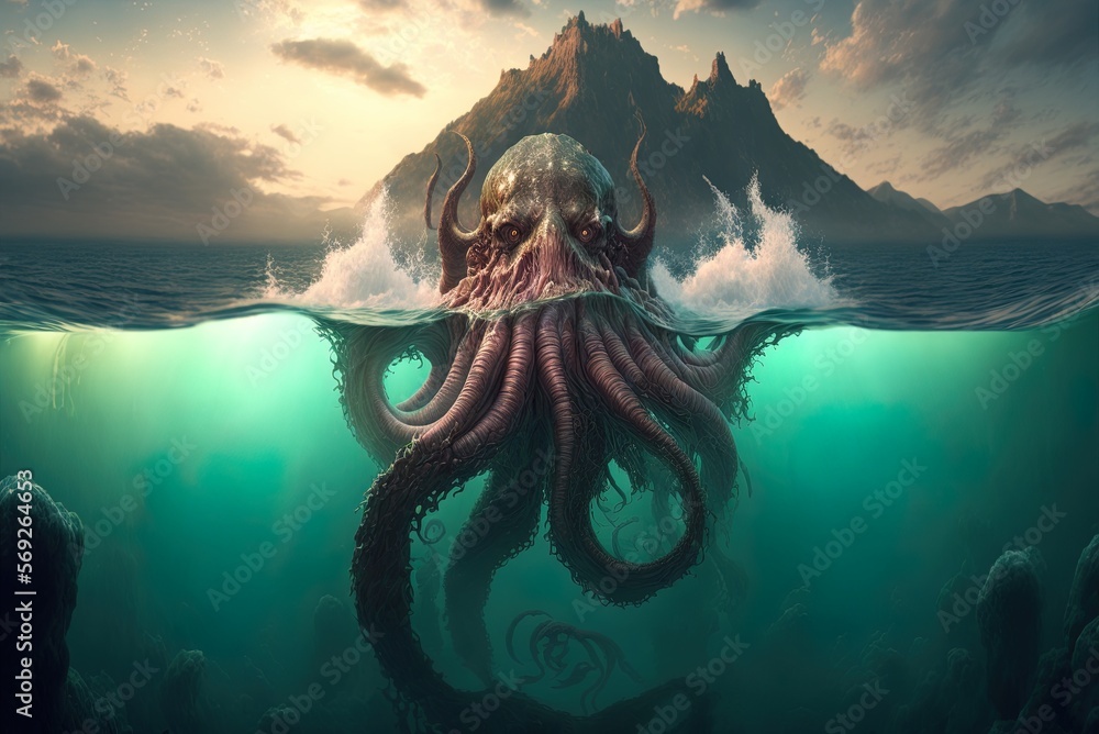 Unidentified sea monster with enormous tentacles protruding from the ...