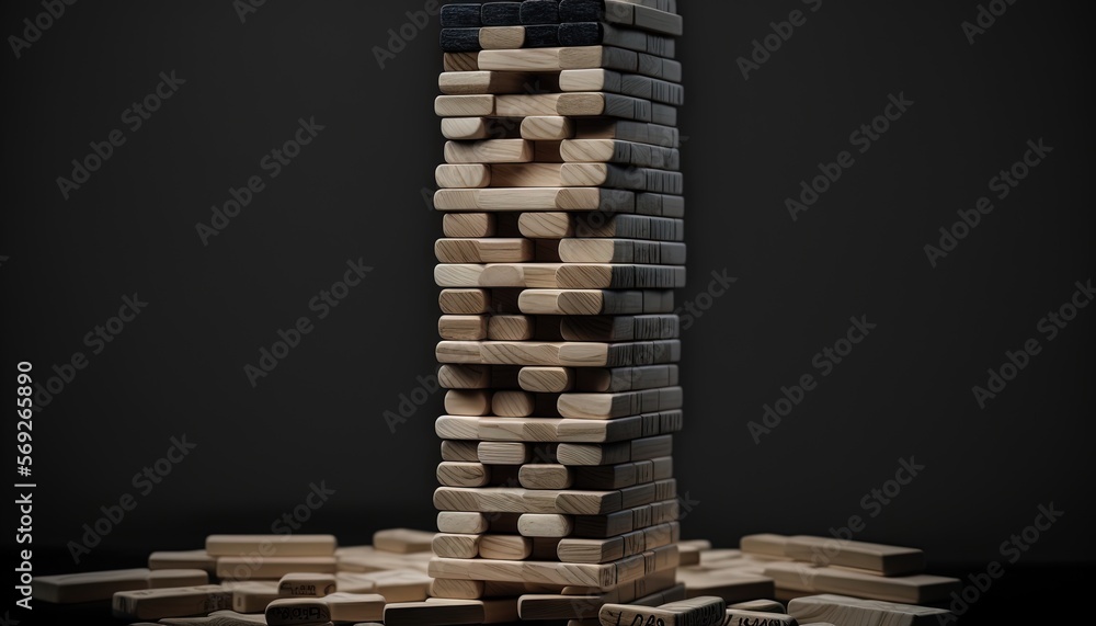 a tower made of wooden blocks on a black background with a clock on top ...