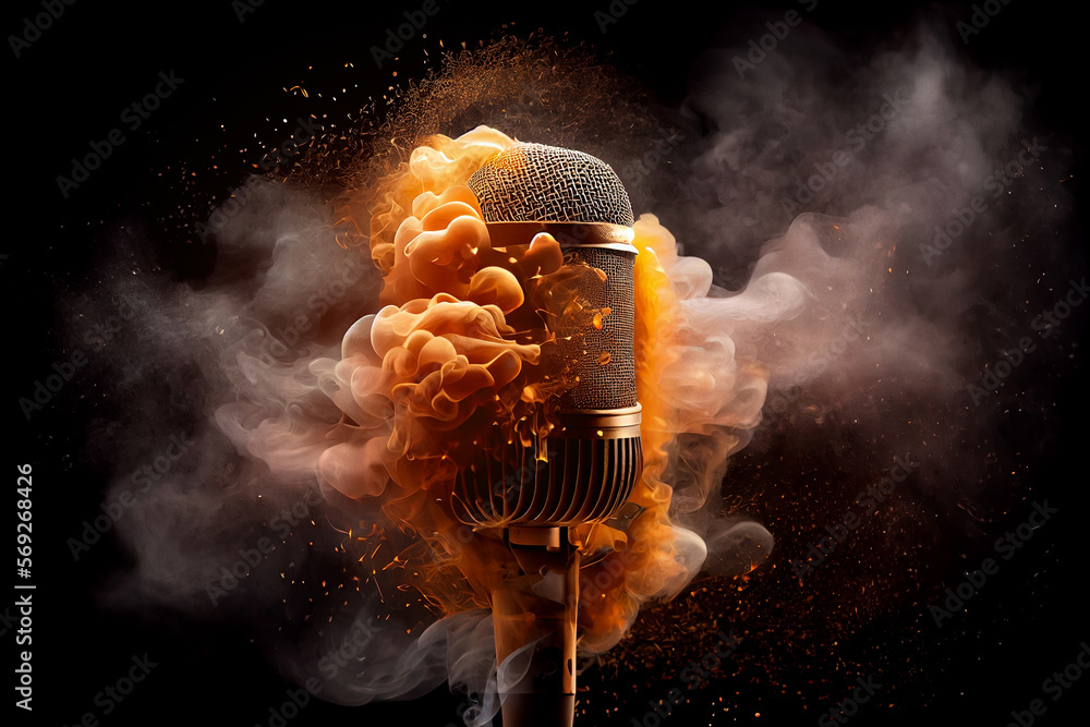 Burning vintage microphone made of fire, smoke and sparks on black ...