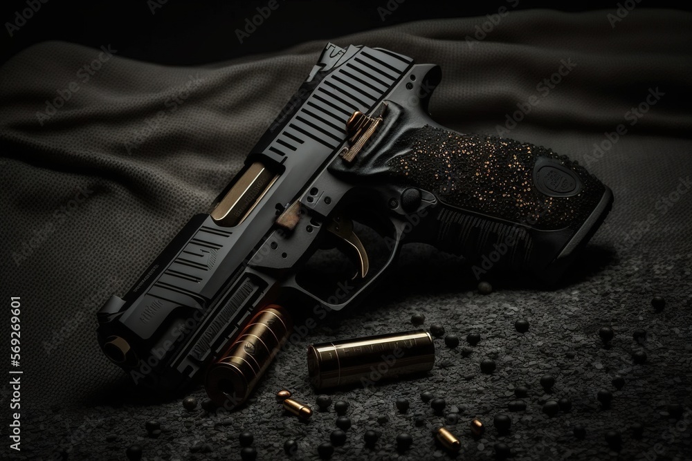 a gun and some bullet shells on a black background with a black ...