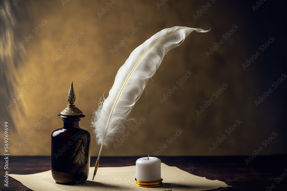 Close up white quill pen with parchment and inkwell, vintage ...