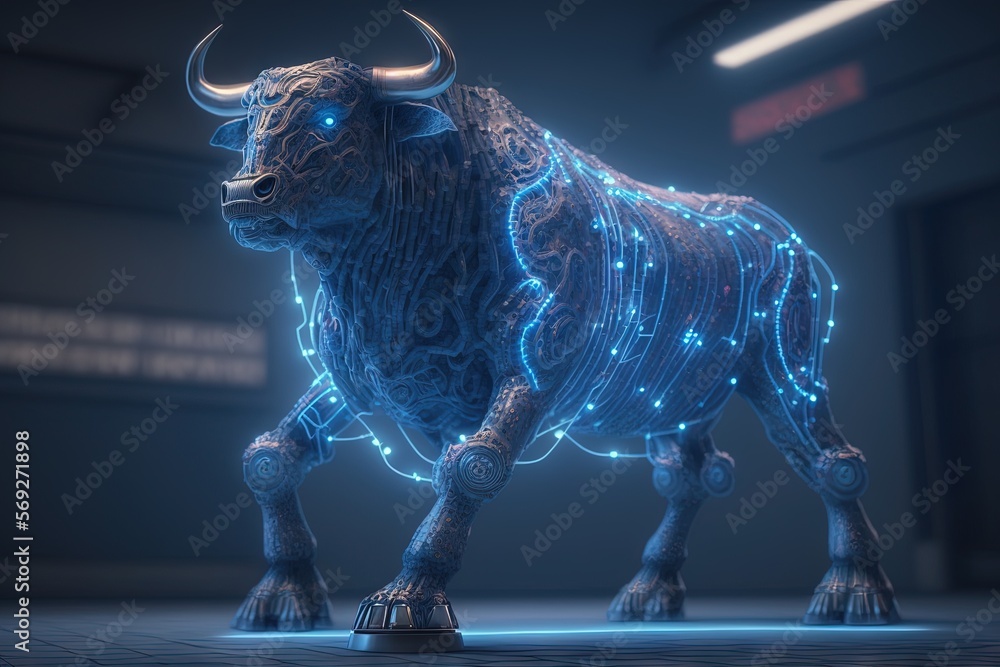 a blue bull is standing in a room with a blue light on it's face and a ...