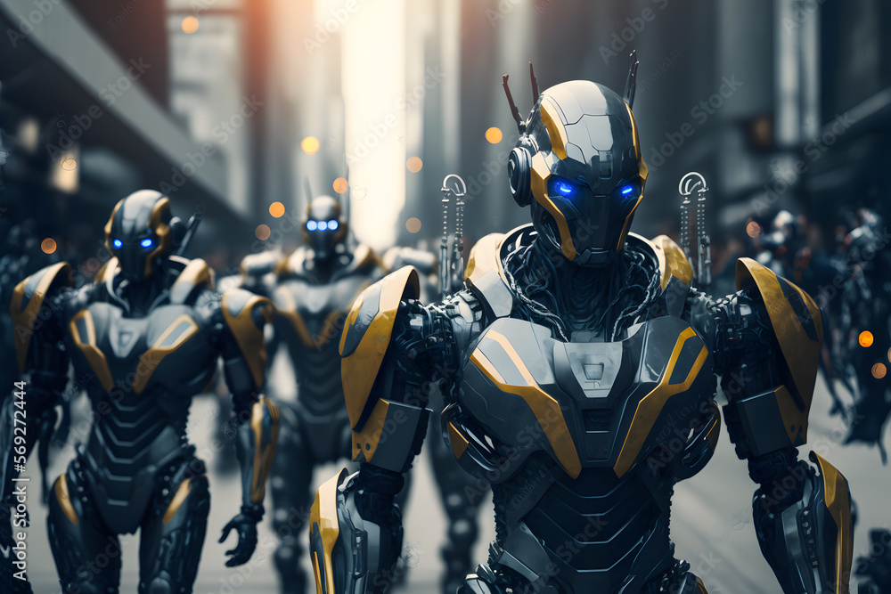 Many modern futuristic male humanoid robots with metal outfit. Neural ...