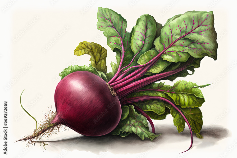 a drawing of a beet with green leaves and a purple root on the top of ...