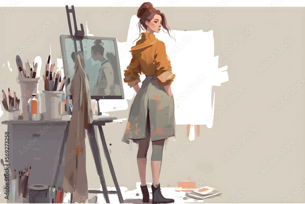 artist girl making your artworks, vector and flat sketch minimalist ...