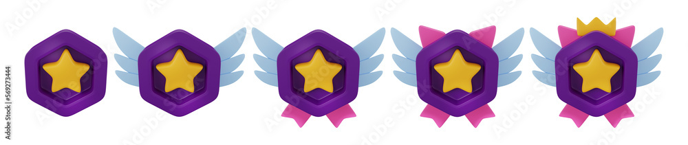 3D game badge set, fantasy RPG insignia icon kit, level up user point ...