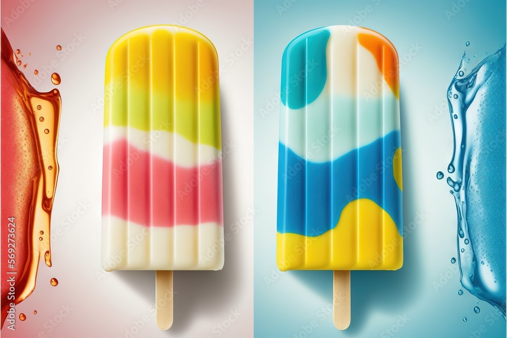 three popsicles with different flavors of ice cream and a splash of ...