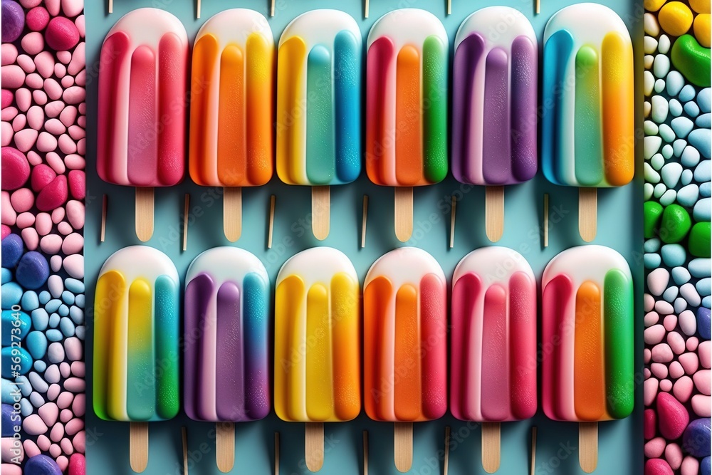 a group of rainbow colored popsicles on a blue background with candy ...