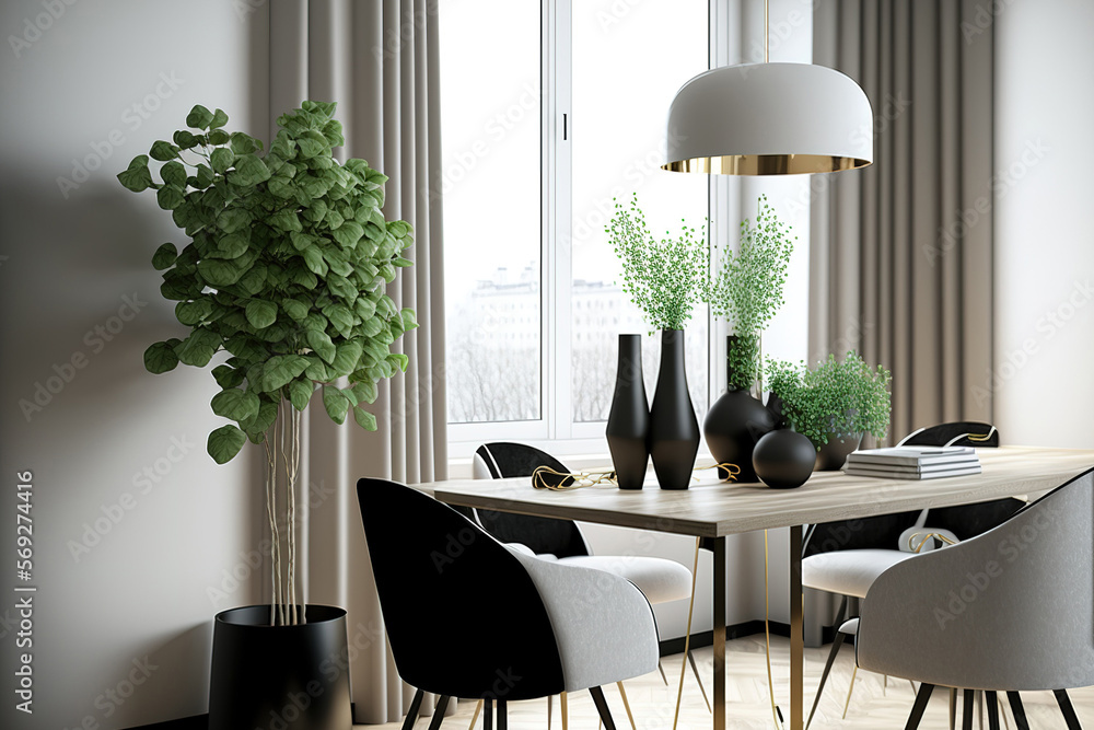 Interior of a chic and contemporary dining area with a shared wooden ...