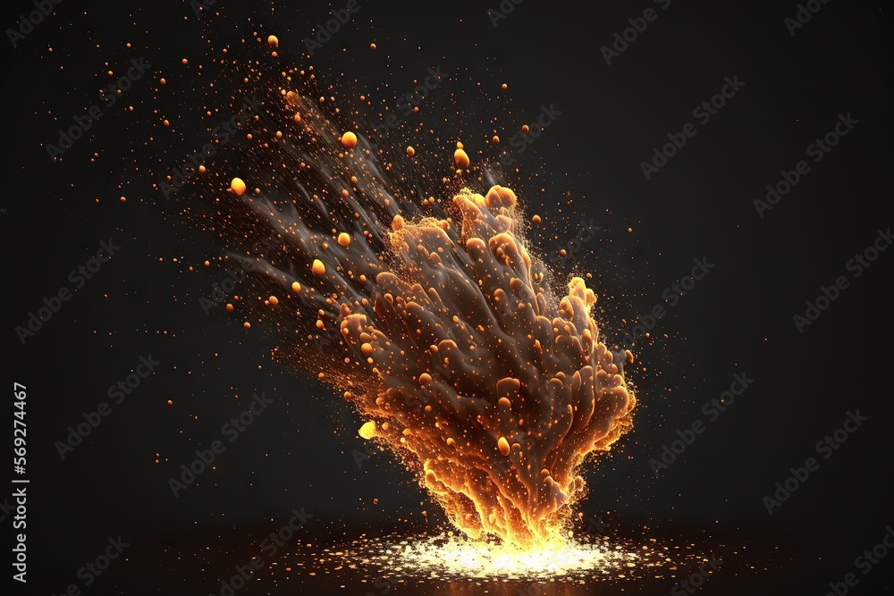 a exploding orange object on a black background with a splash of water ...