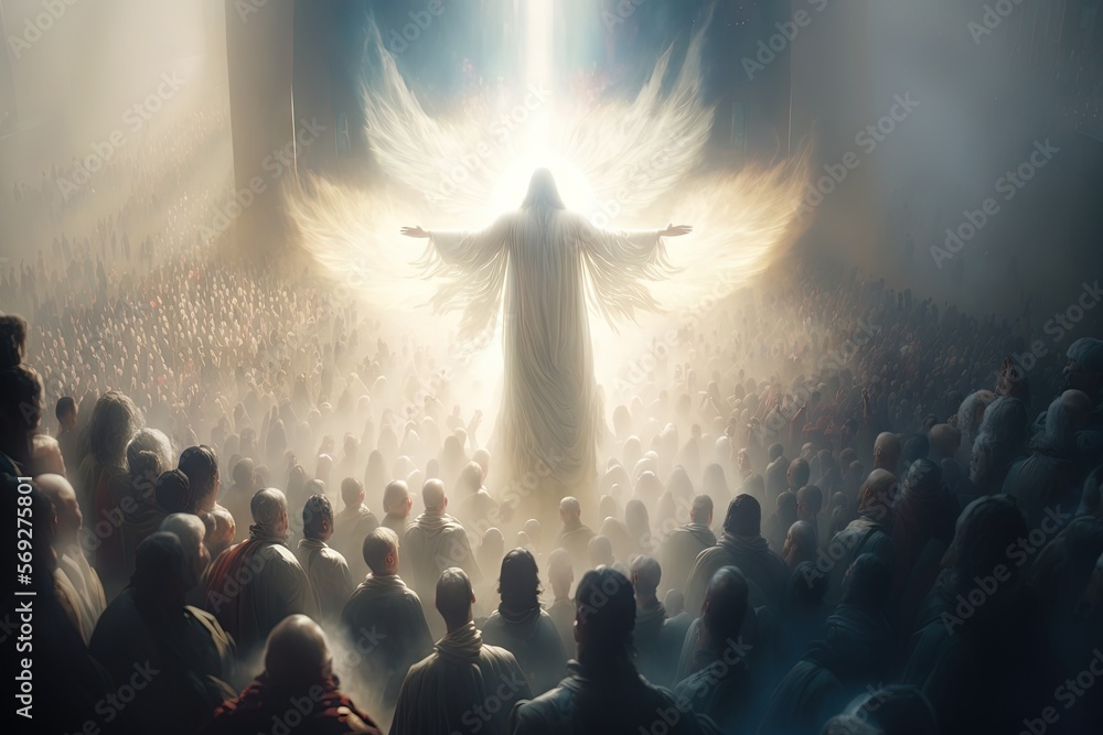 a large group of people in a dark room with a large angel above them in ...