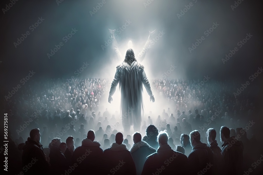 a man standing in front of a crowd of people in a dark room with a ...