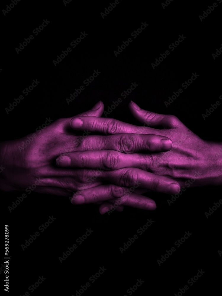 Groovy retro art with hands of old woman in style of 70s. Interior ...