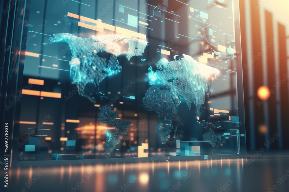 a world map is shown in front of a glass wall in a futuristic setting ...