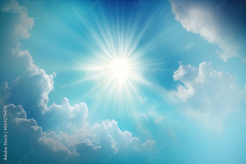 a bright blue sky with clouds and a bright sun in the middle of the sky ...