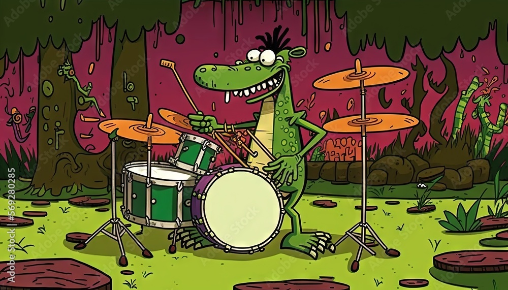 a cartoon alligator playing drums in a field of grass and rocks with a ...